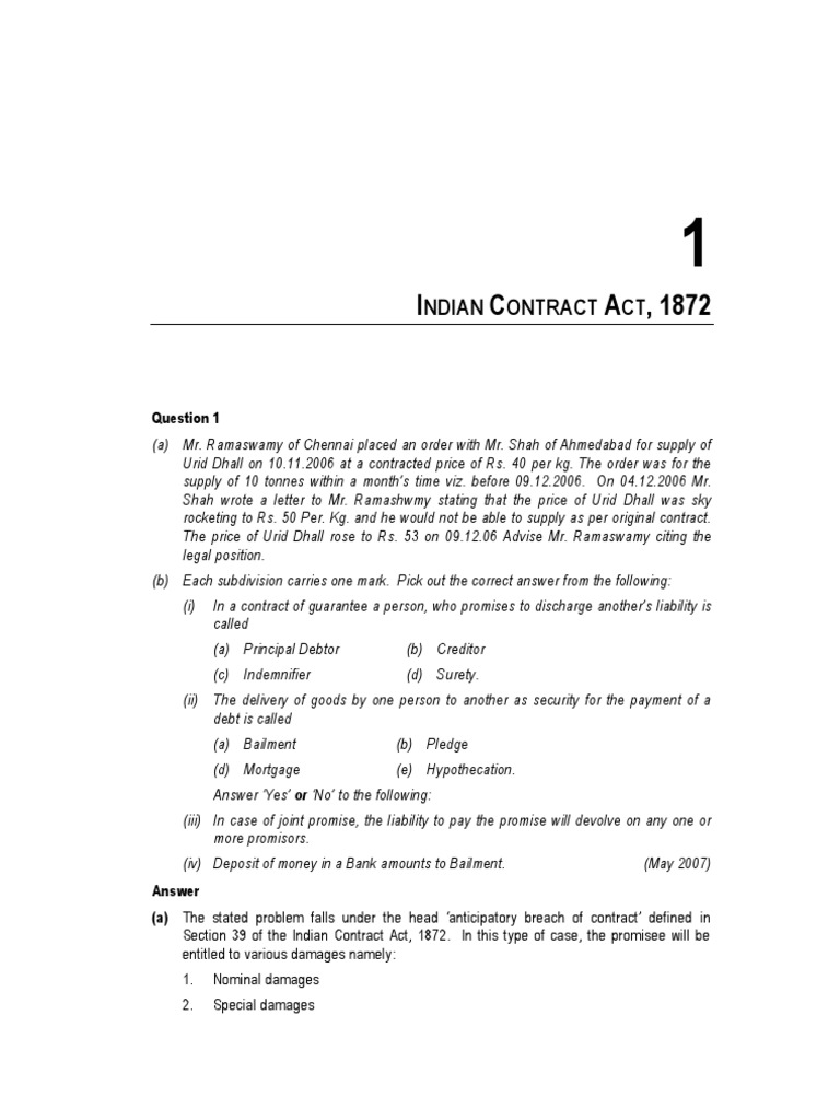 Indian Contract Act 1872: Key Questions | PDF | Guarantee | Consideration