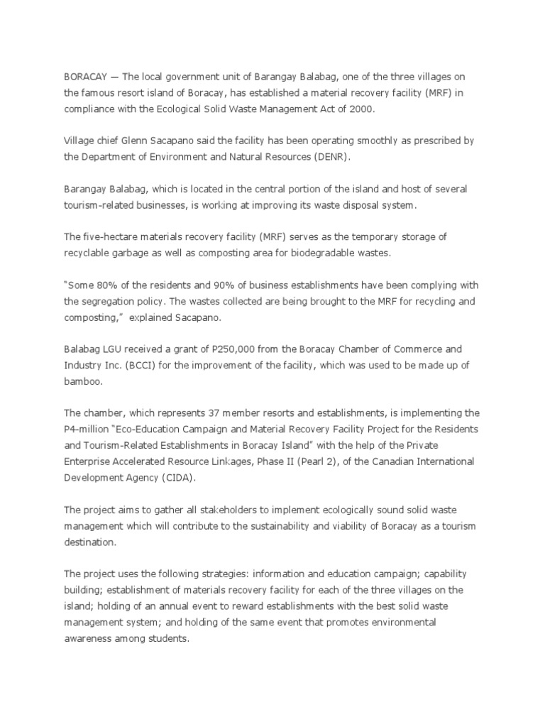 Boracay's Sustainable Waste Management System | PDF | Municipal Solid ...