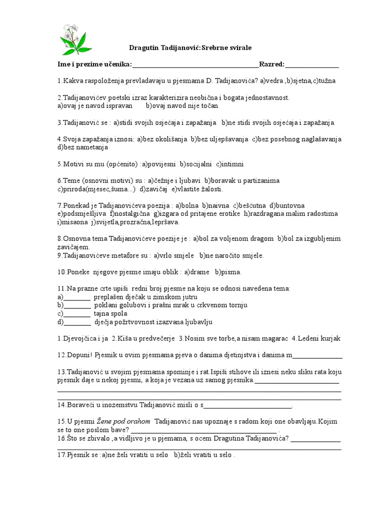 Dragutin Tadijanović Srebrne Svirale Pitanja Lektira 7 R | PDF