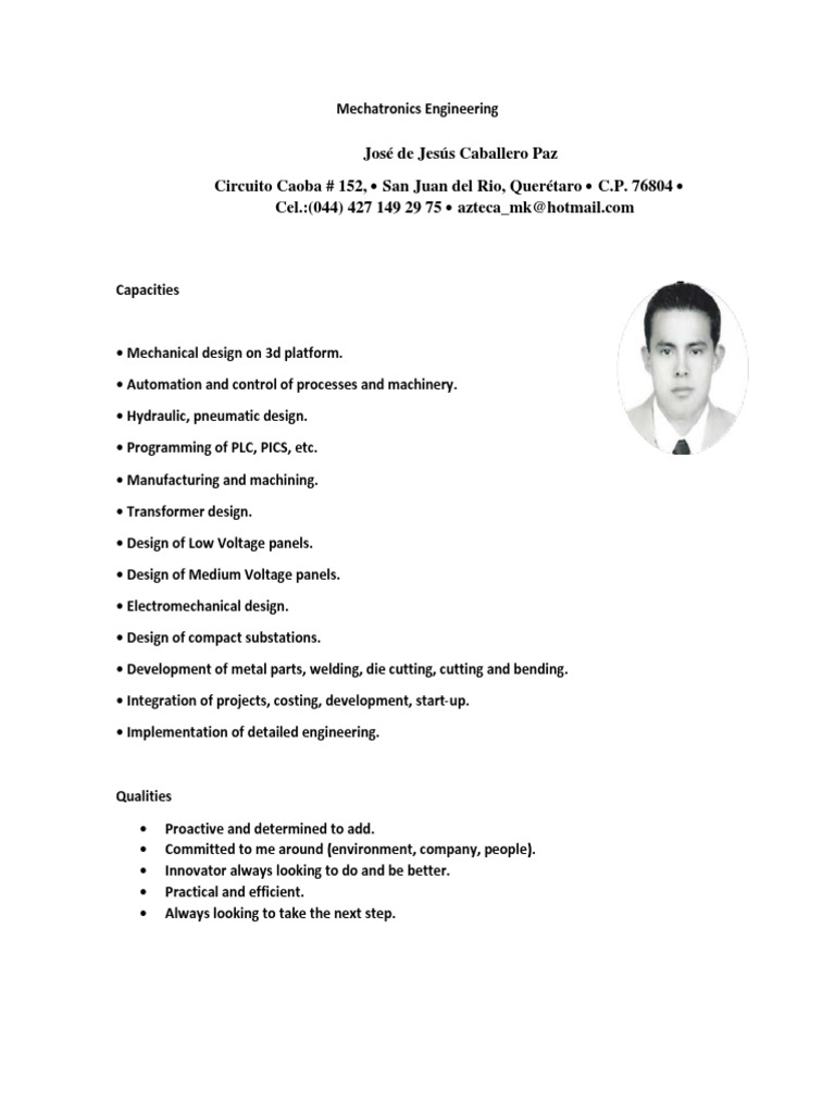Mechatronics Engineering CV | PDF | Automation | Engineering