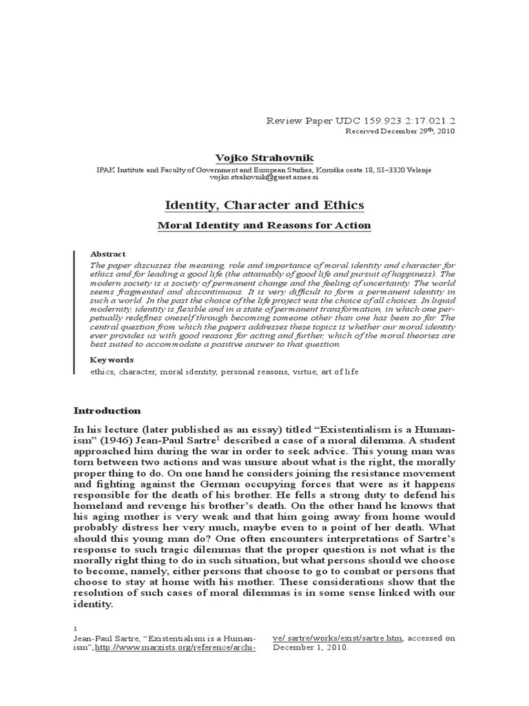 Identity, Character and Ethics Moral Identity and Reasons For Action | PDF | Existentialism ...