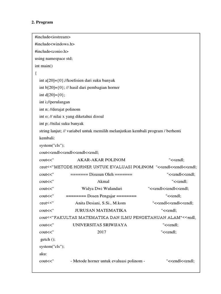 Evaluasi Polinom Metode Horner C++ | PDF