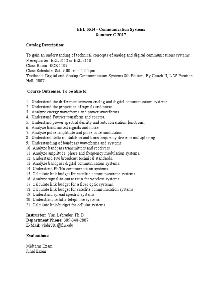 EEL 3514 Communication Systems | PDF | Modulation | Spectral Density