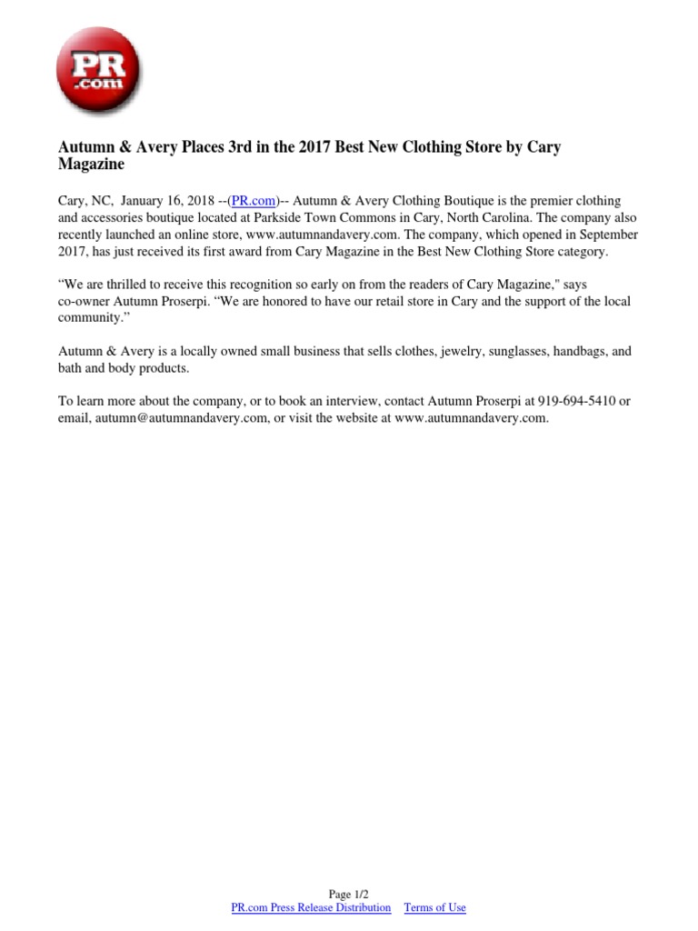 Autumn & Avery Places 3rd in The 2017 Best New Clothing Store by Cary ...