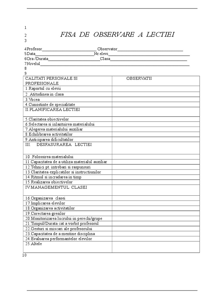 Fisa de Observare a Lectiei