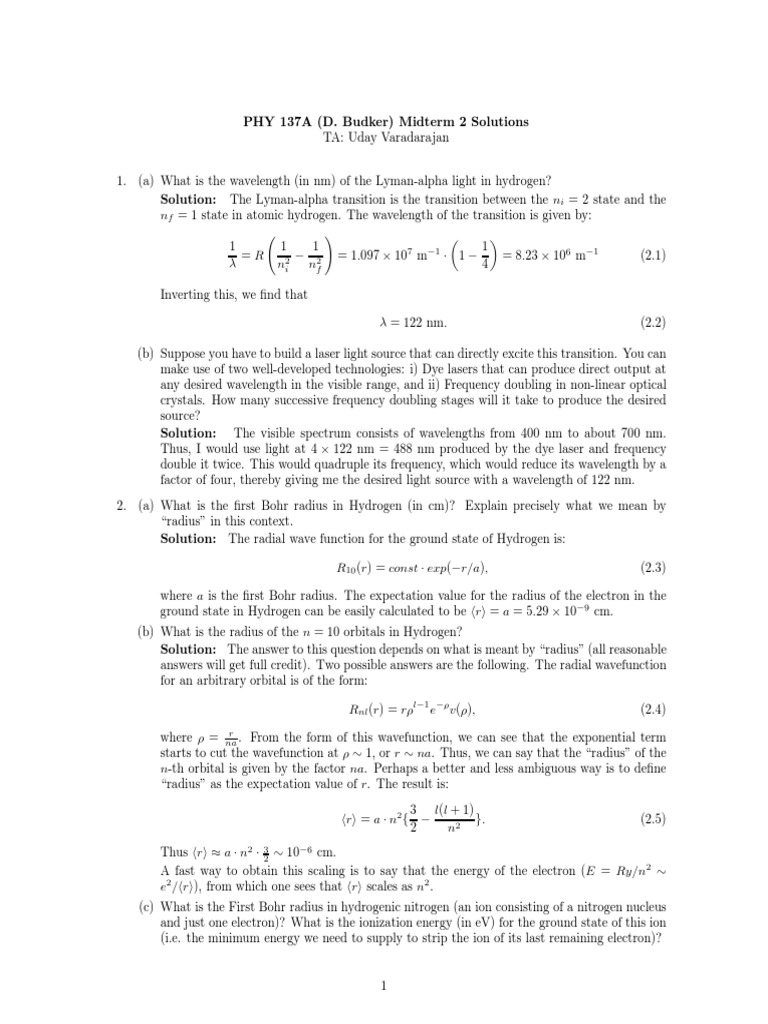 PHY 137A (D. Budker) Midterm 2 Solutions | PDF | Atomic Orbital | Quantum Mechanics