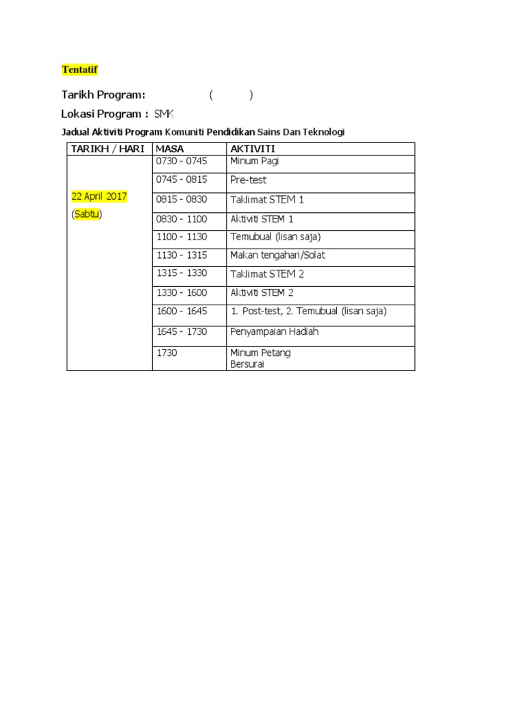 Tentatif Tarikh Program: Lokasi Program: SMK | PDF