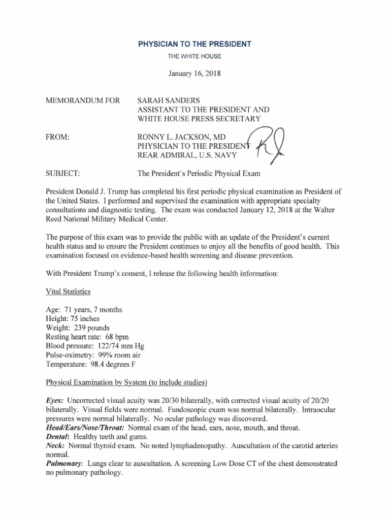 Summary of Physical Exam For President Trump 12 Jan 2018 | PDF