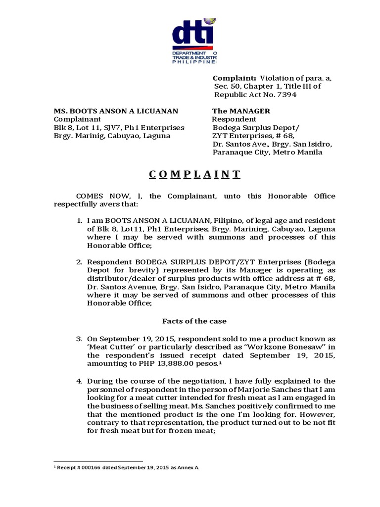 Sample Complaint For Unfair Sales Practice Under The Consumer Act of ...