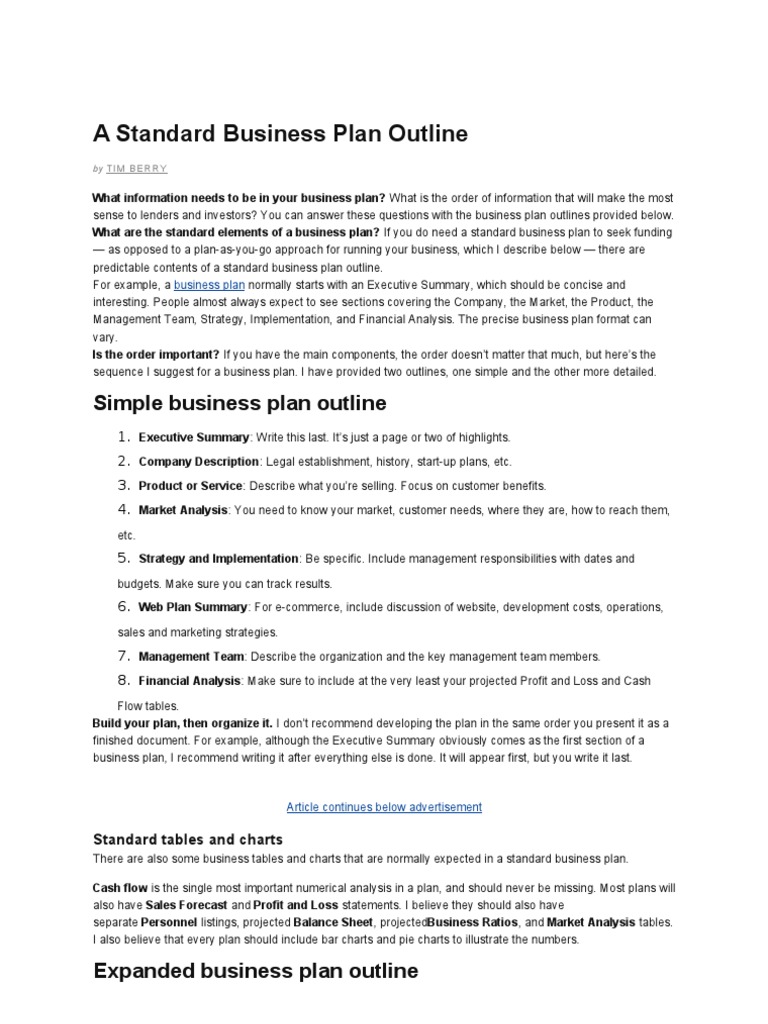 A Standard Business Plan Outline | PDF | Business Plan | Market Analysis