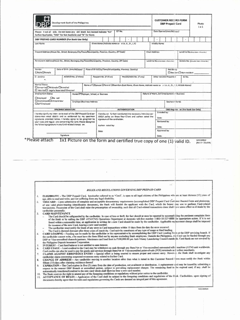 Application Form For DBP Prepaid Card | Service Industries | Banking