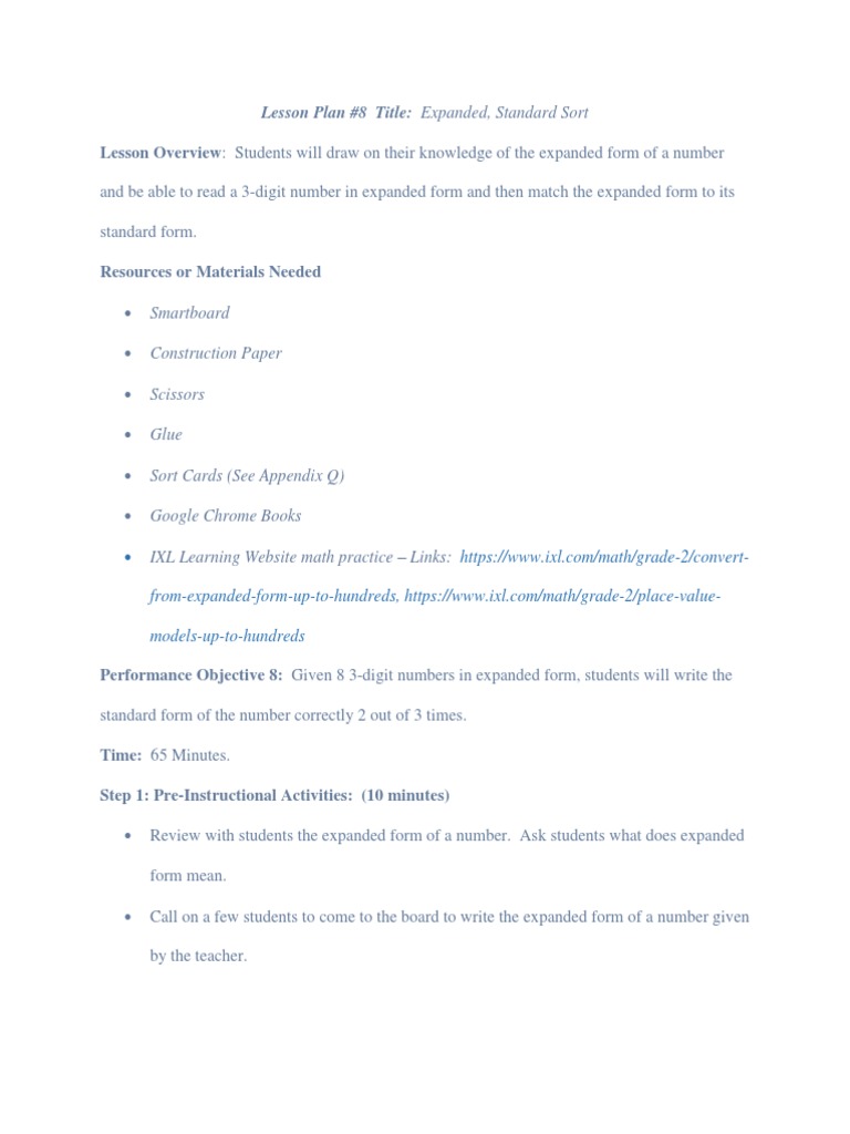 Lesson Plan #8 Title: Expanded, Standard Sort: IXL Learning Website ...