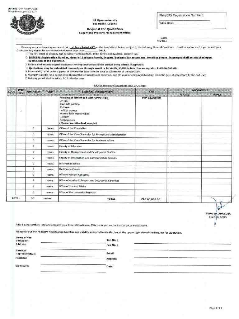 RFQ For Printing of Letterhead With UPOU Logo | PDF
