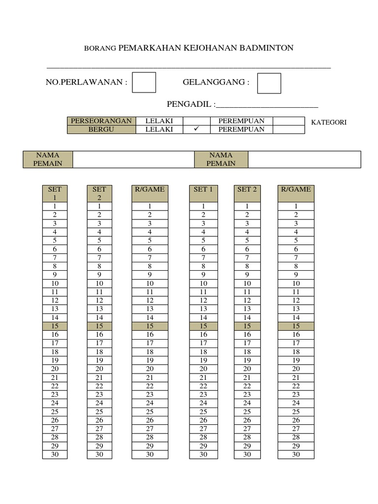 Borang Pemarkahan Kejohanan Badminton | PDF