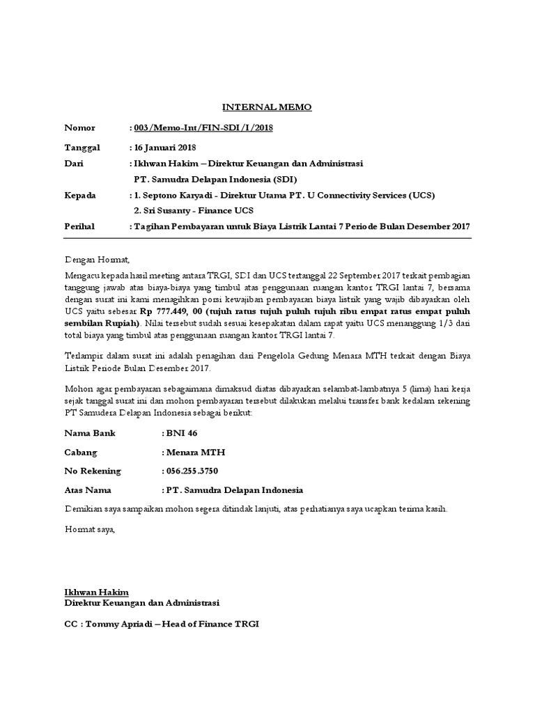 8 MEMO INTERN UCS Biaya Listrik Des 17 | PDF