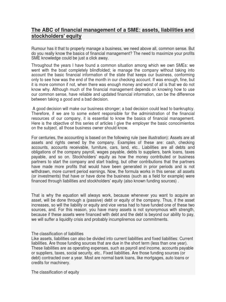 ABCs of SME financial management: assets, liabilities, equity | PDF ...