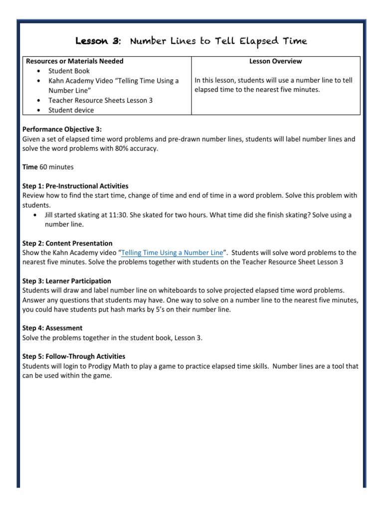 Lesson 3: Number Lines To Tell Elapsed Time: Resources or Materials ...