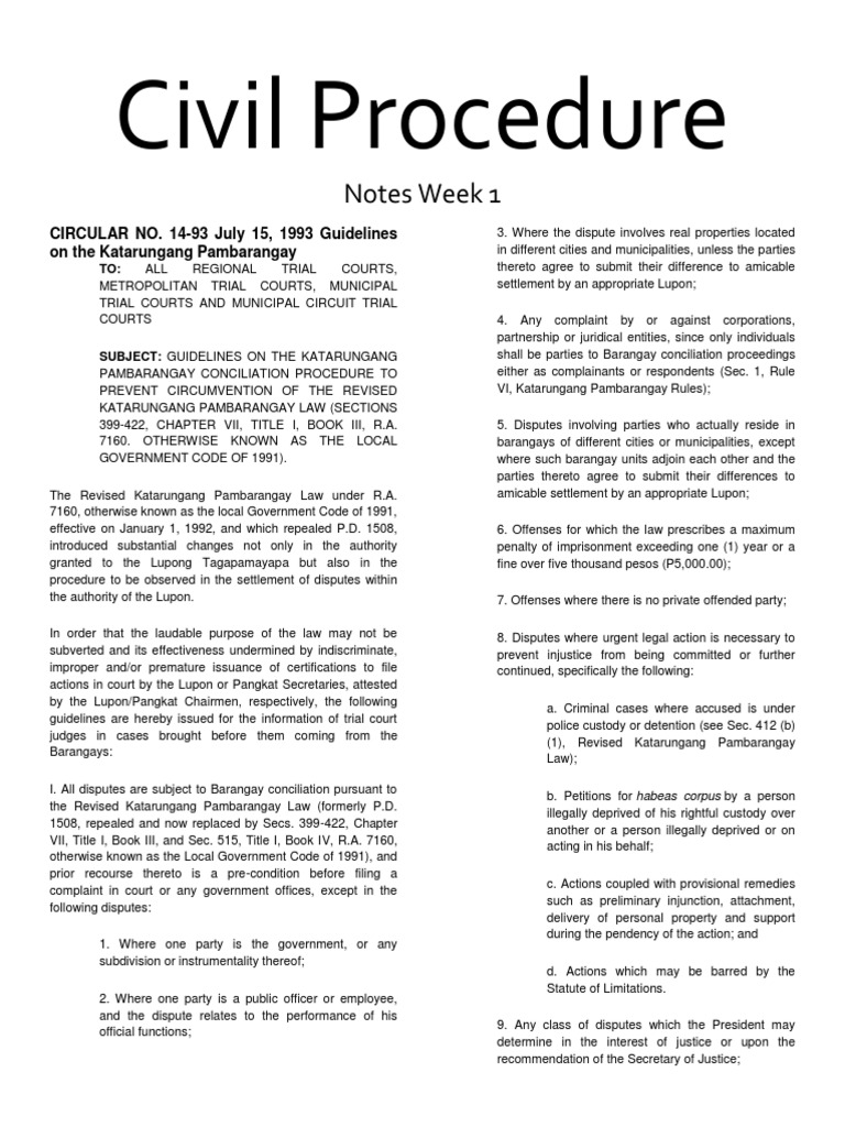 Civil Procedure: Notes Week 1 | PDF | Mediation | Arbitration