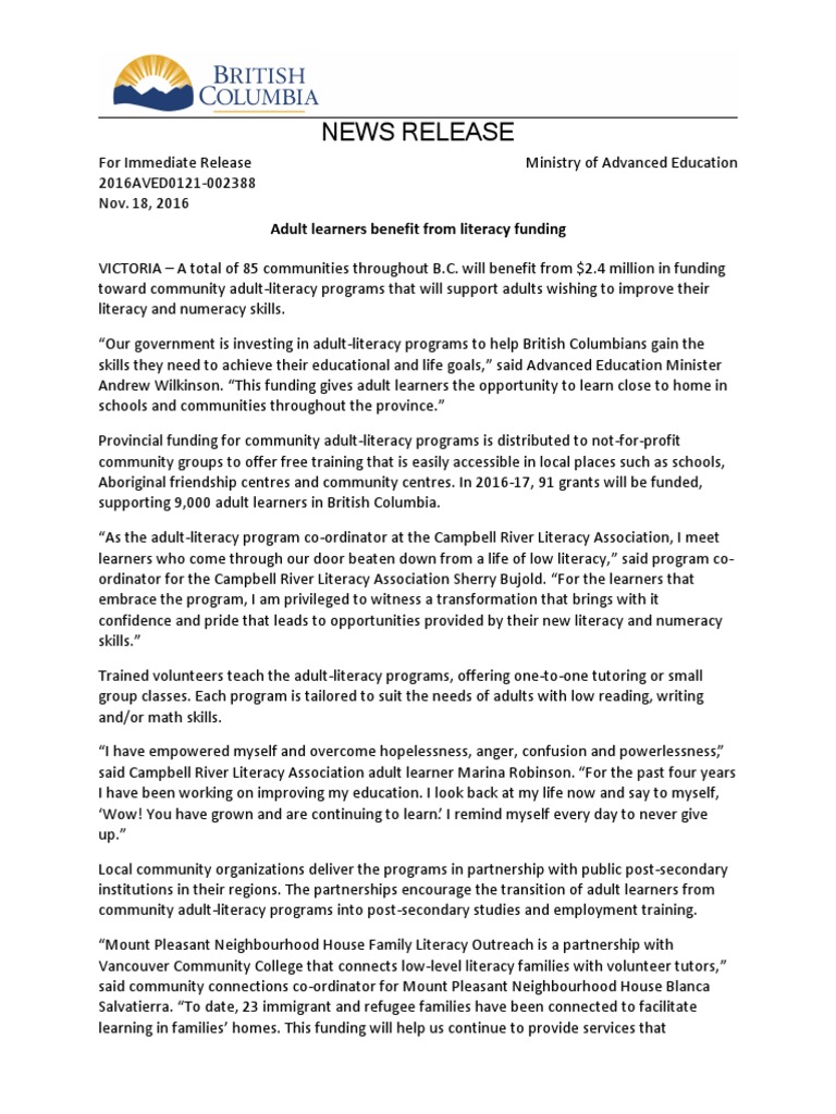 Adult Literacy Programs | PDF | Vancouver | British Columbia