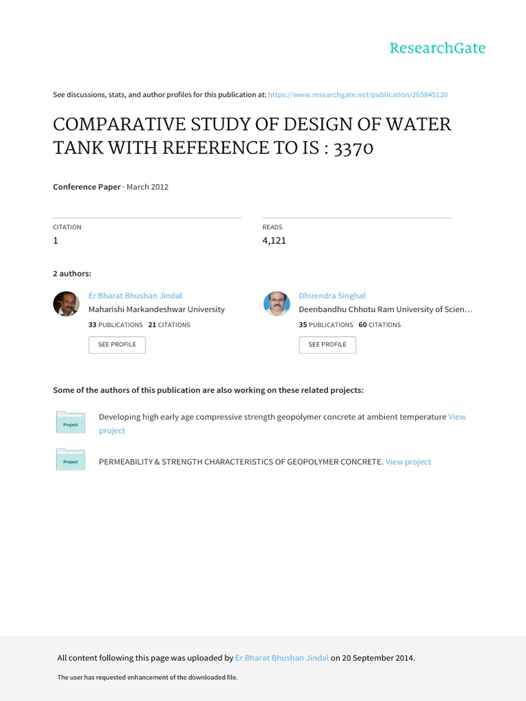 Comparative Study of Design of Water Tank With Reference To Is: 3370 ...
