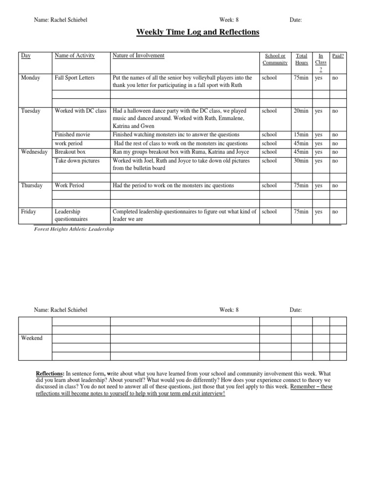 Weekly Time Log and Reflections: School or Community Total Hours in ...