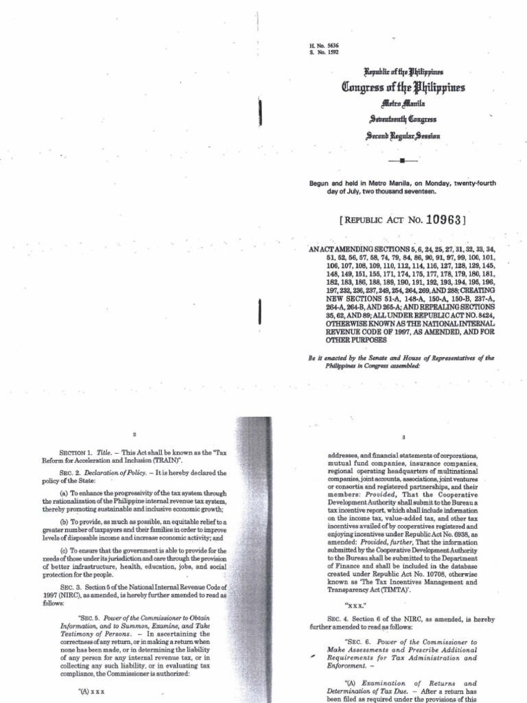 Republic Act No. 10963 (TRAIN Law) | PDF | Withholding Tax | Income Tax