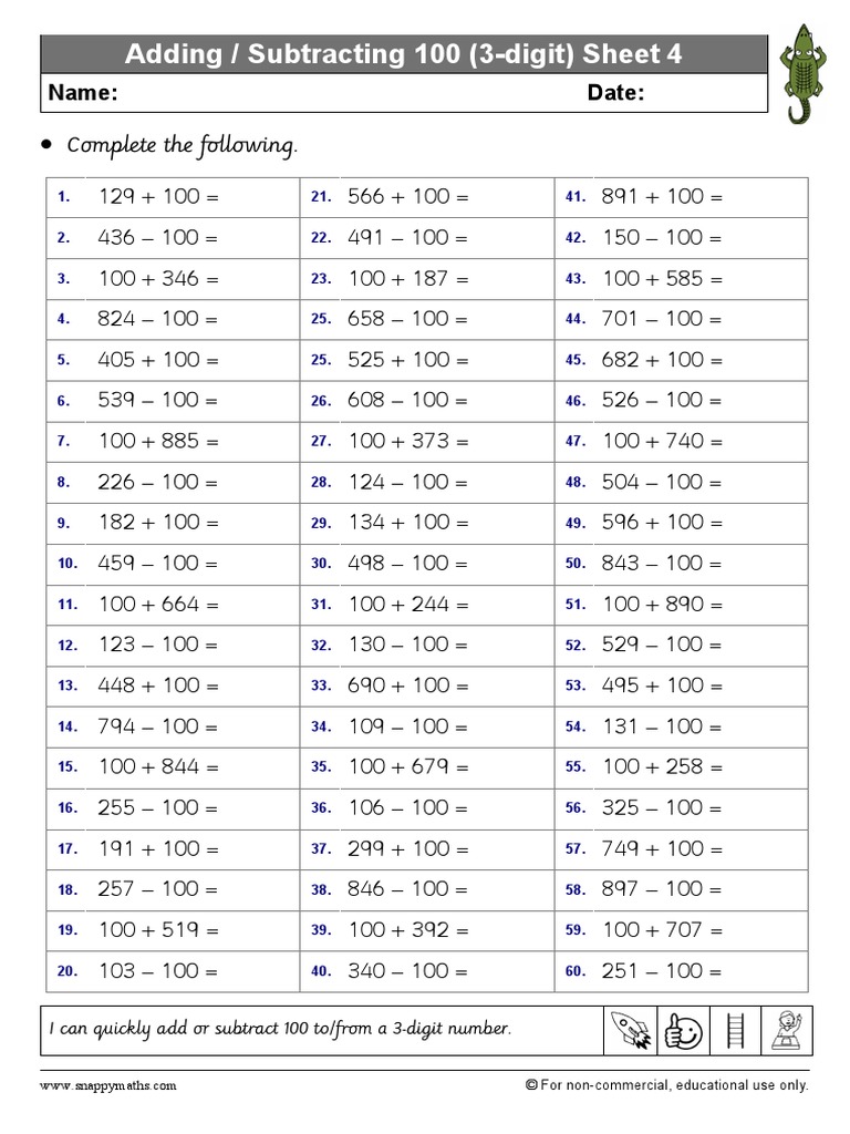 Adding / Subtracting 100 (3-Digit) Sheet 4 | PDF