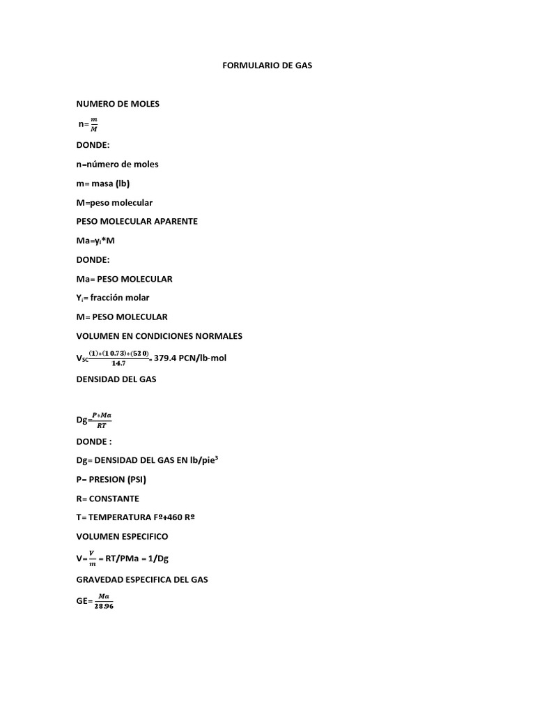 Fórmulas para Propiedades del Gas | PDF | Gases | Materiales transparentes