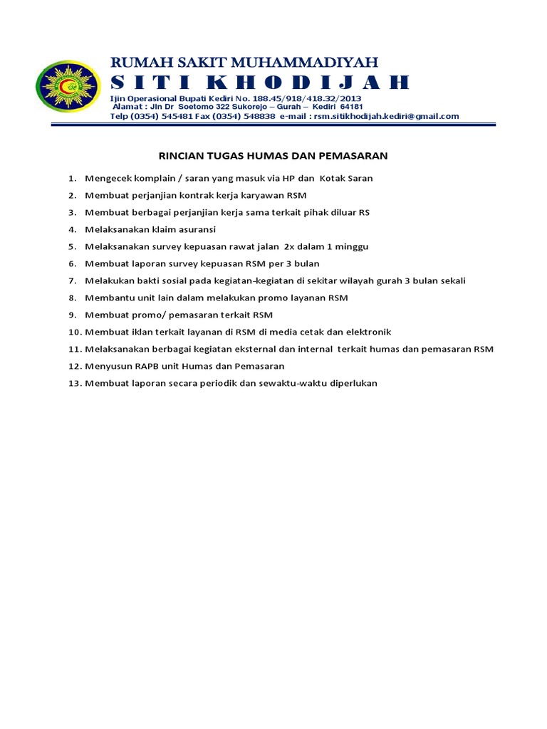 Rincian Tugas Humas RS | PDF