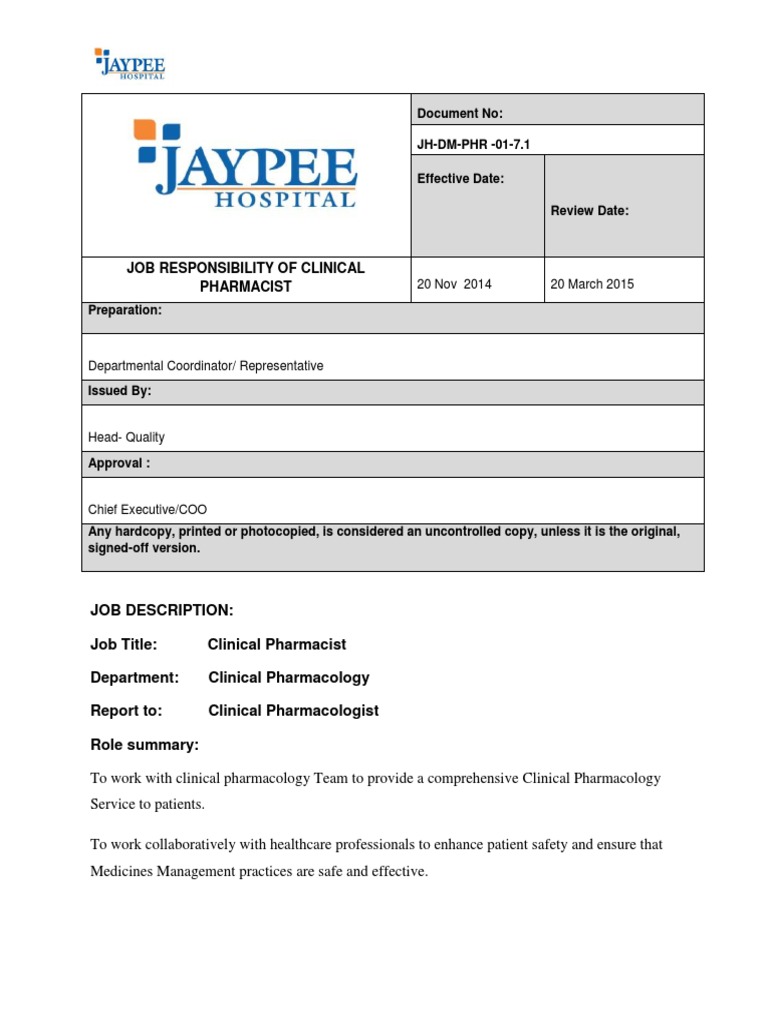 Job Responsibility of Clinical Pharmacist | PDF