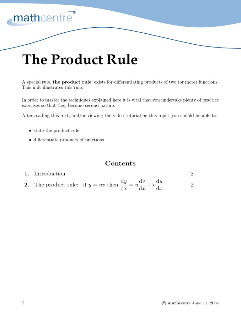 The Product Rule: If y Uv Then | PDF | Mathematical Analysis | Calculus