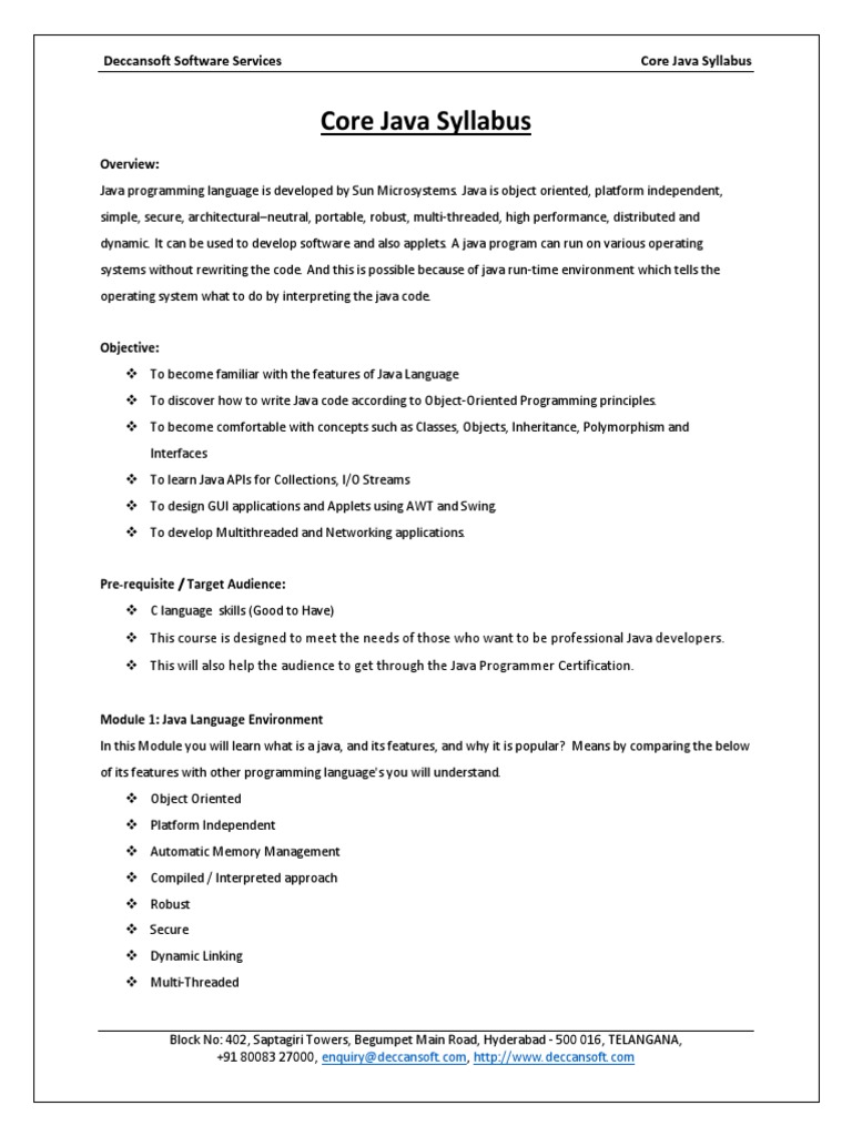 Deccan Syllabus of Core Java | PDF | Java (Programming Language) | Class (Computer Programming)