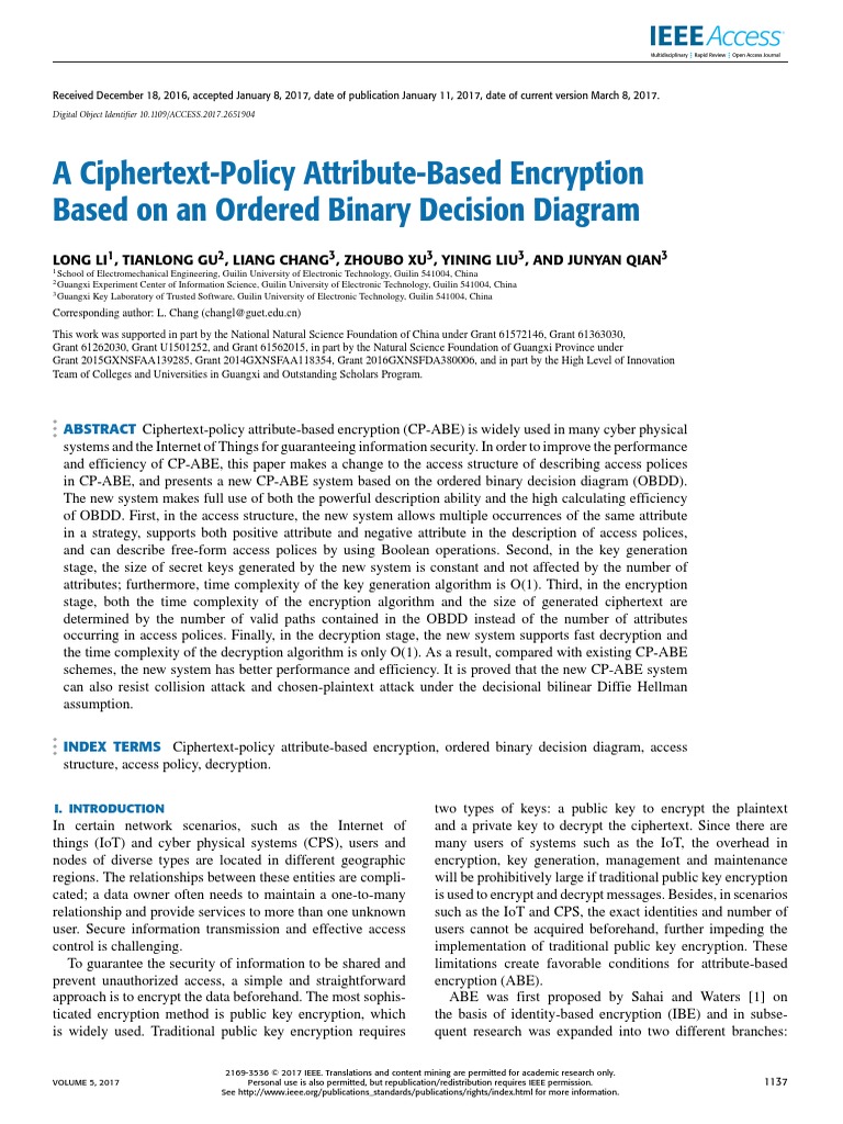 A Ciphertext-Policy Attribute-Based Encryption Based On An Ordered Binary Decision Diagram | PDF ...