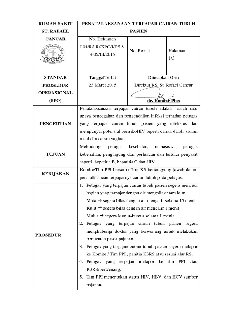 Sop Penatalaksanaan Terpapar Cairan Tubuh Pasien Kps 8.4 | PDF | Sains & Matematika