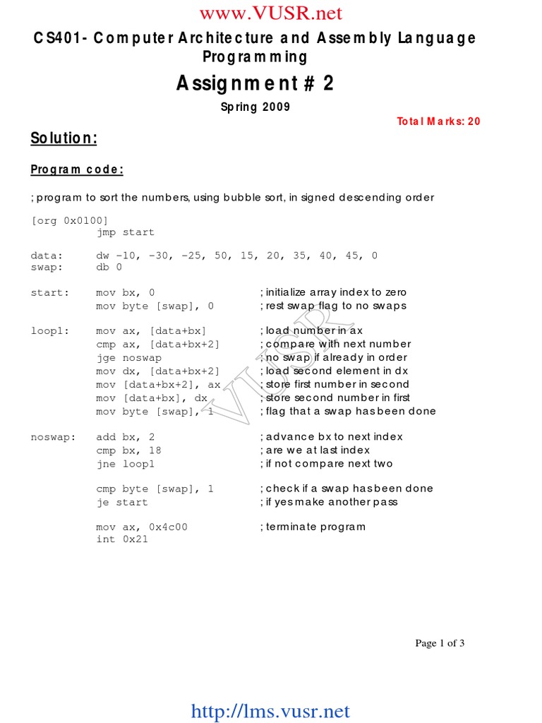 Computer Architecture And Assembly Language Programming Cs401 Spring 2009 Assignment 02