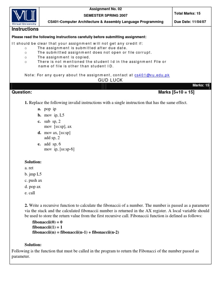 Computer Architecture and Assembly Language Programming - CS401 Spring 2007 Assignment 02 ...