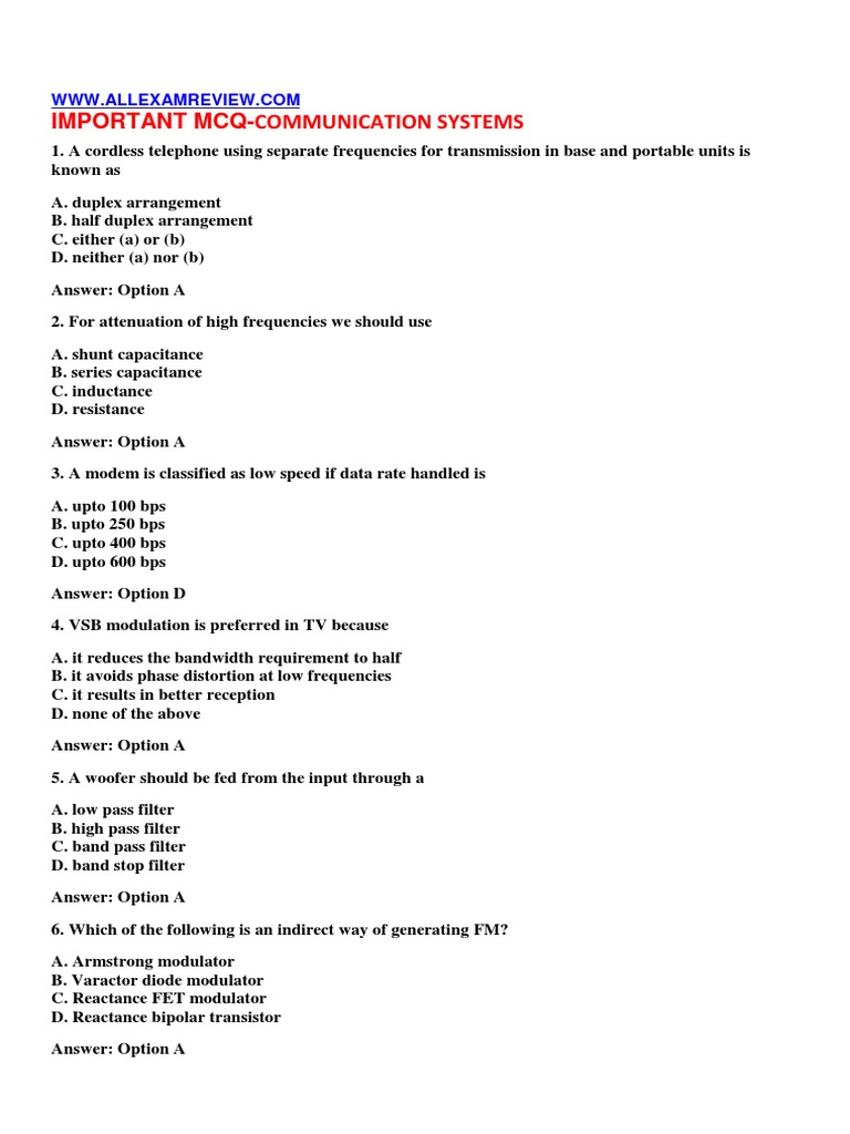 Important Mcq-Communication Systems | PDF | Frequency Modulation | Amplifier