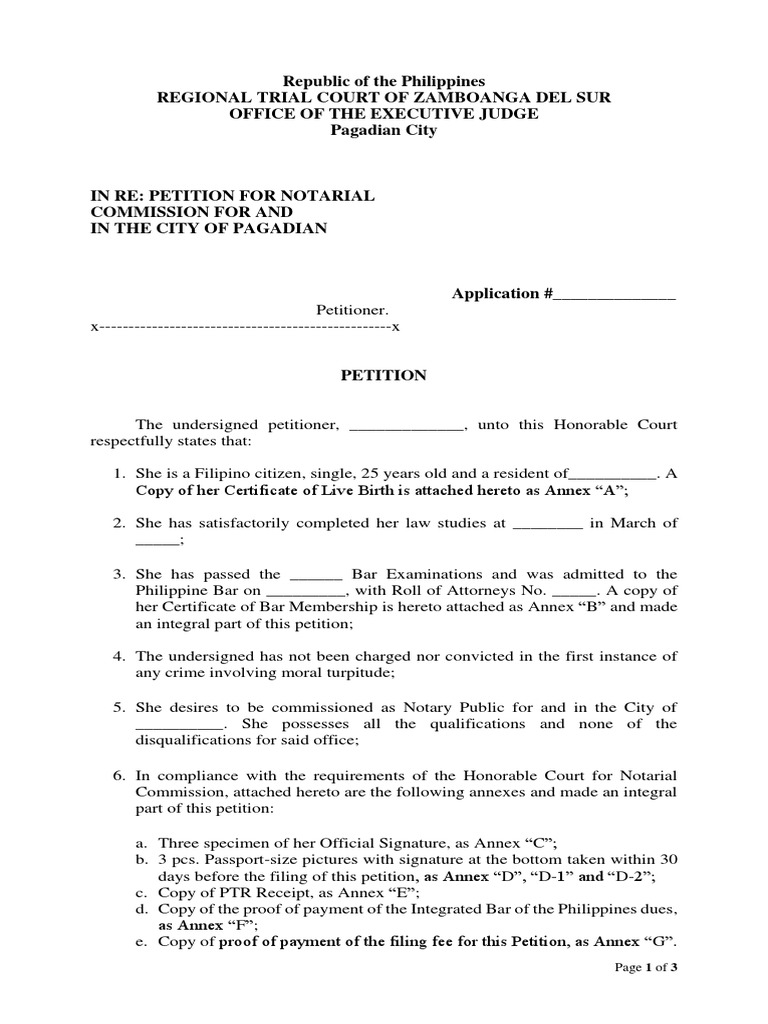 Sample Petition For Notarial Commission | PDF | Notary Public | Virtue