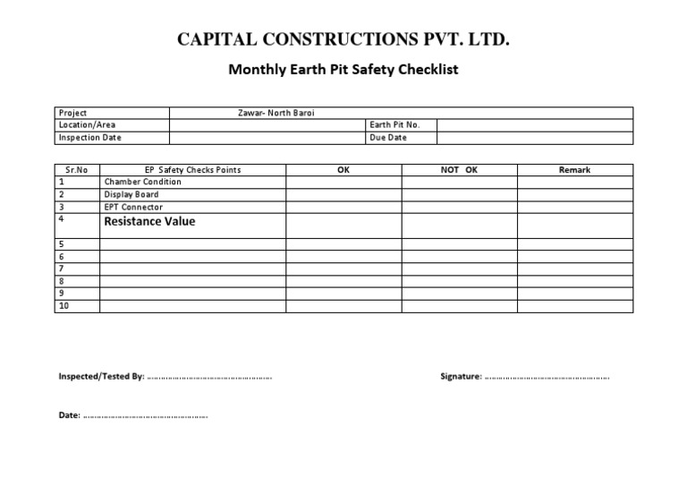 Earth Pit Safety Checklist | PDF