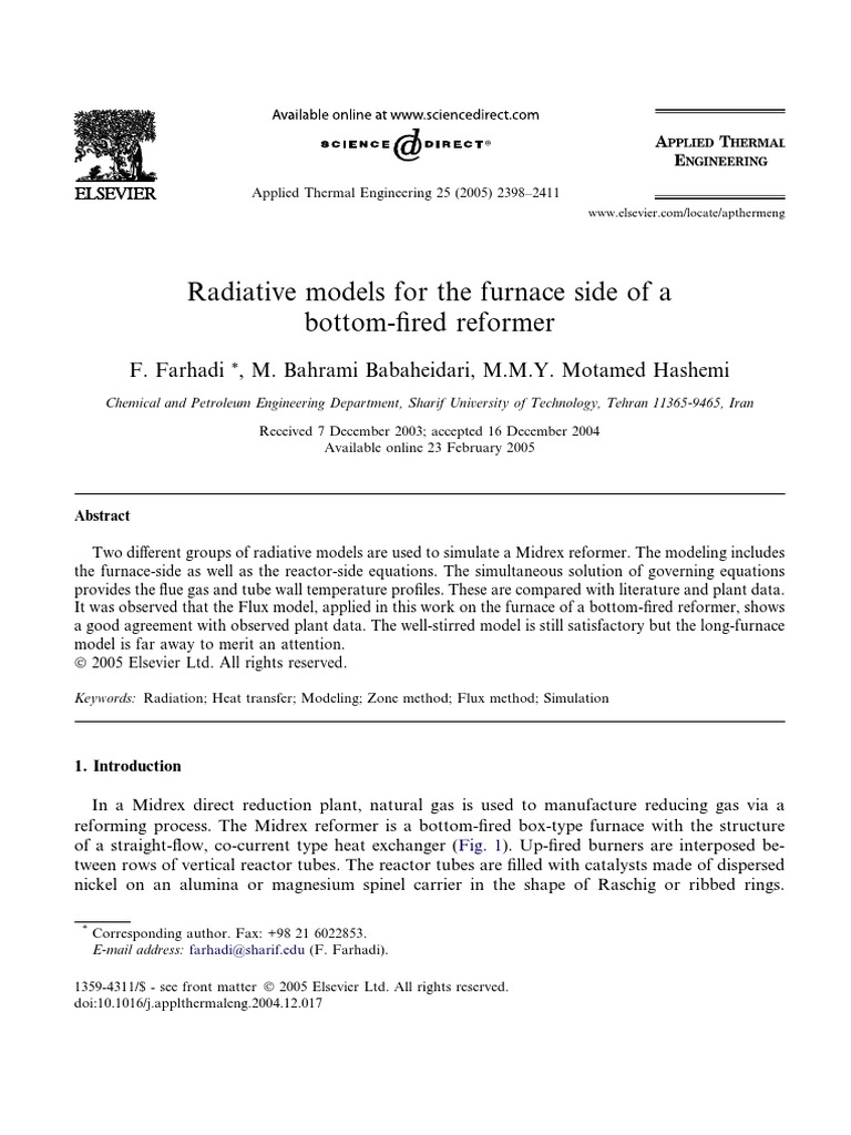Radiative Models For The Furnace Side of A Bottom-Fired Reformer ...