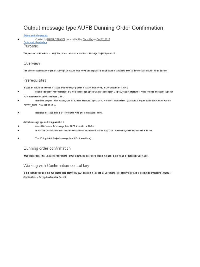 Output Message Type AUFB Dunning Order Confirmation | PDF | Areas Of ...