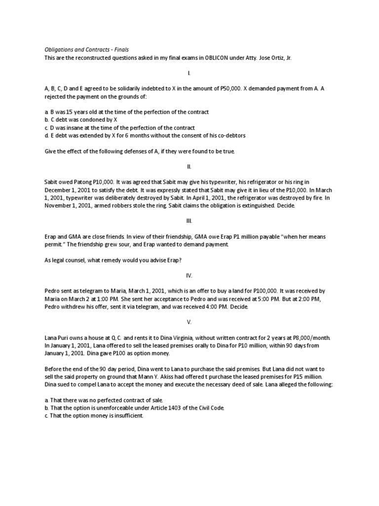 Obligations and Contracts Exam Questions | PDF | Debtor | Insolvency