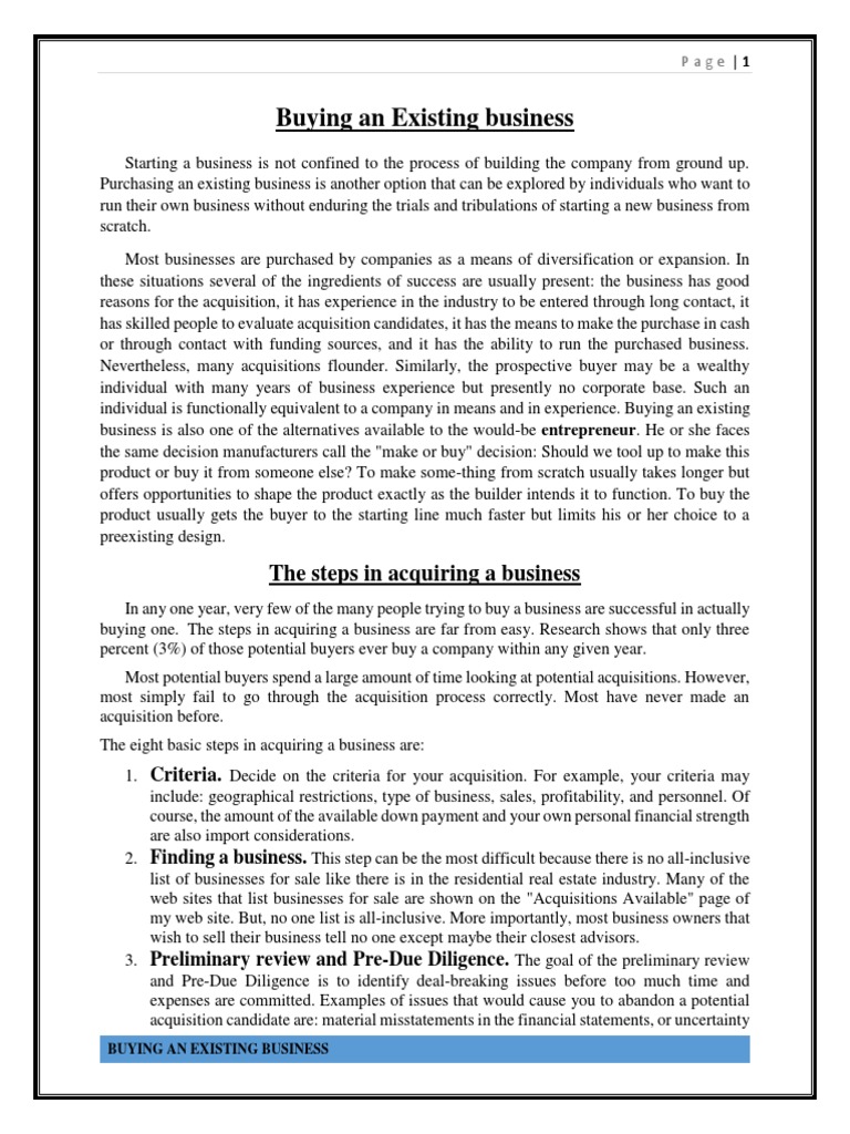 Steps to Buy an Existing Business | PDF | Mergers And Acquisitions | Sales