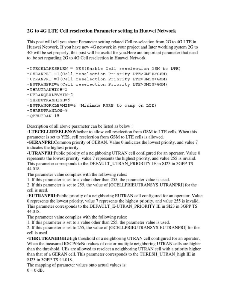 2G To 4G LTE Cell Reselection Parameter Setting in Huawei Network | PDF ...