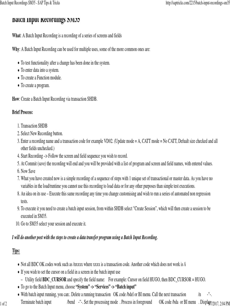 Batch Input Recordings SM35 - SAP Tips & Tricks | PDF | Areas Of ...
