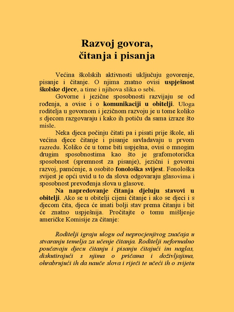 Razvoj Govora Citanja I Pisanja | PDF