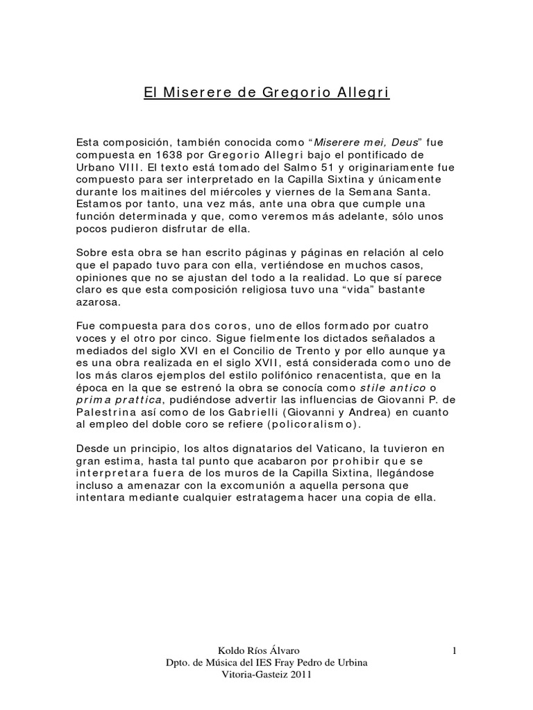 El Miserere de Gregorio Allegri PDF | PDF | Wolfgang Amadeus Mozart | Entretenimiento (general)