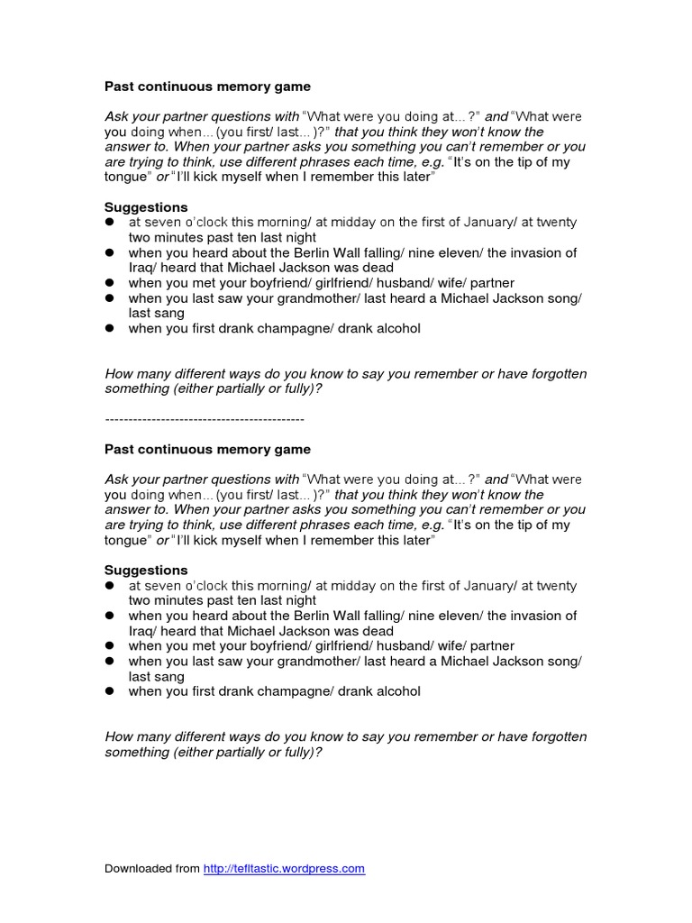 Past Continuous Memory Game | PDF