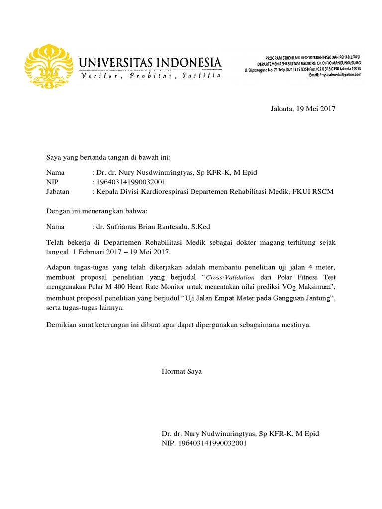 Surat Ket Kerja UI - Magang Rehab Rian | PDF