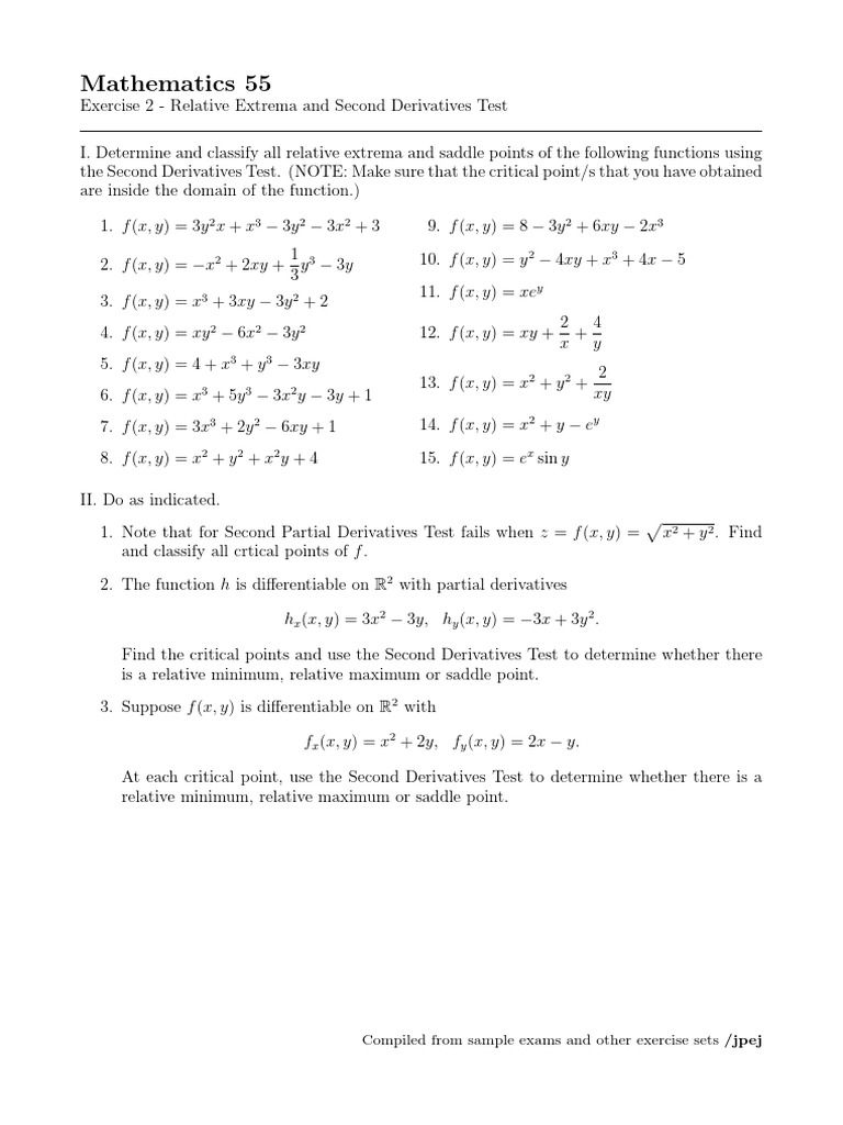 E2 - Relative Extrema and The Second Partial Derivatives Test PDF | PDF